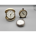 2 vintage travel clocks & a silver backed pocket watch (stamped Steward ...