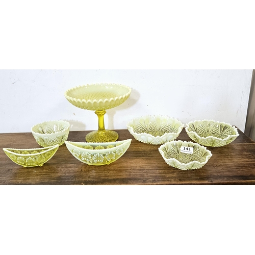 7 lemon yellow pearline glass items incl. 3 frill dishes, footed dish ...