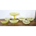 7 lemon yellow pearline glass items incl. 3 frill dishes, footed dish ...