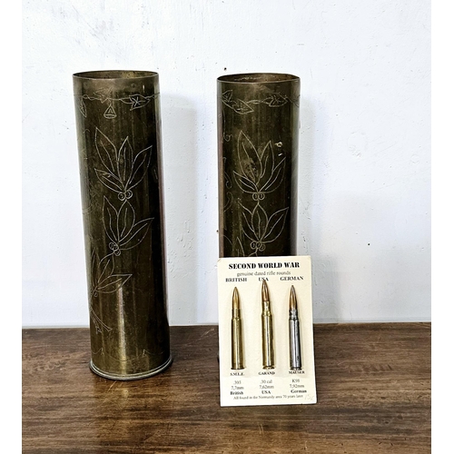 2 Brass Shell Cases (converted to vases) 30cmH & 3 x mounted WWII rifle ...