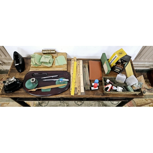 Box of vintage office items incl. old wooden rulers, numerator, desk ...