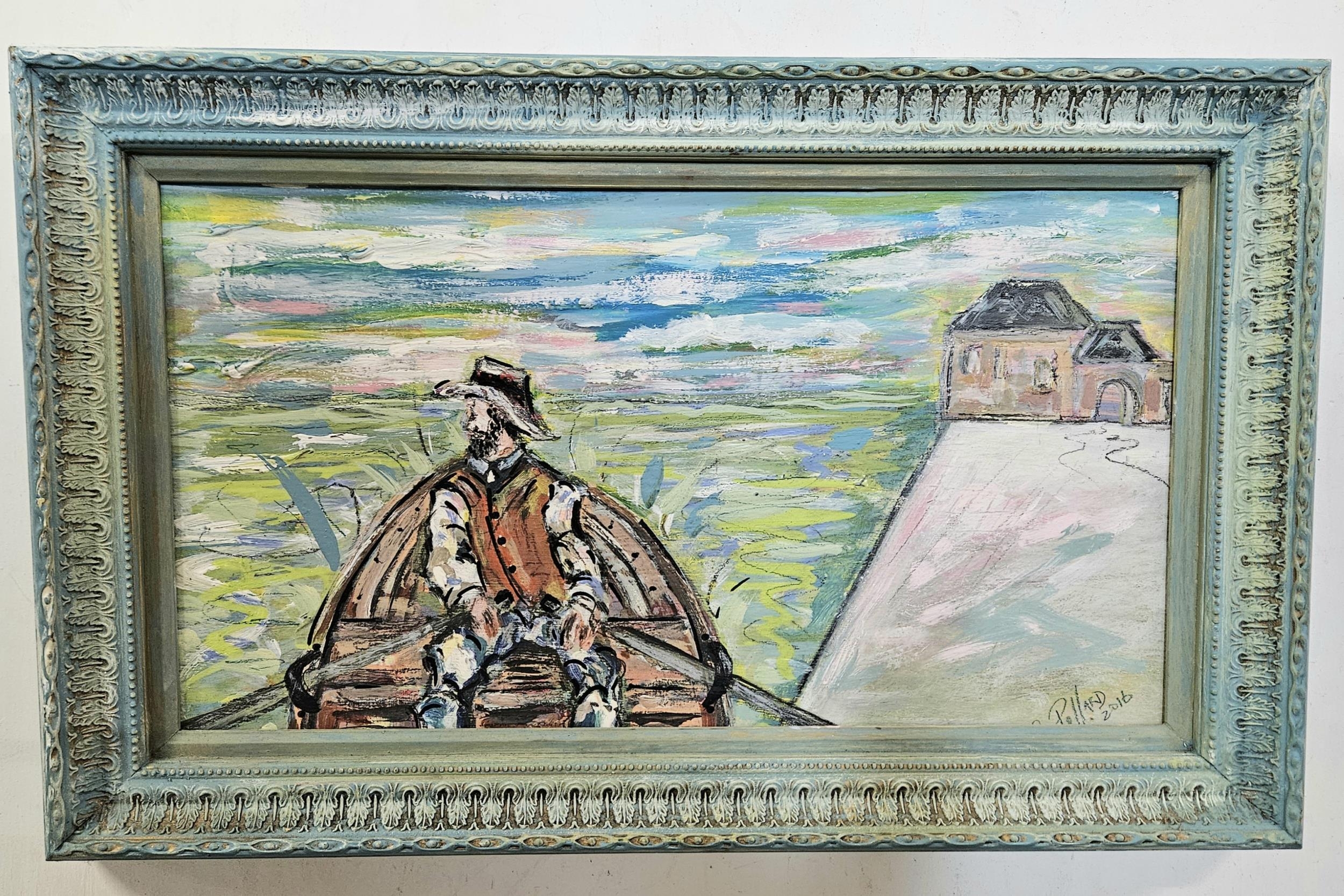 GERRY POLLARD "Setting Off" oil on board, in a duck egg blue painted ...