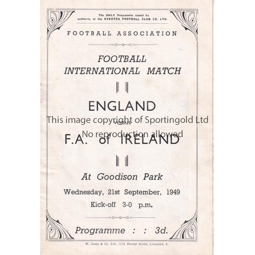 ENGLAND V REPUBLIC OF IRELAND 1949 Programme for England's first home ...