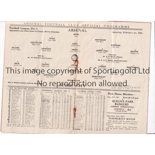 ARSENAL Programme for the home League match v Stoke City 1/2/1936 ...