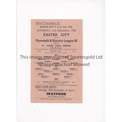 EXETER CITY Single sheet programme for the home Friendly v Plymouth ...