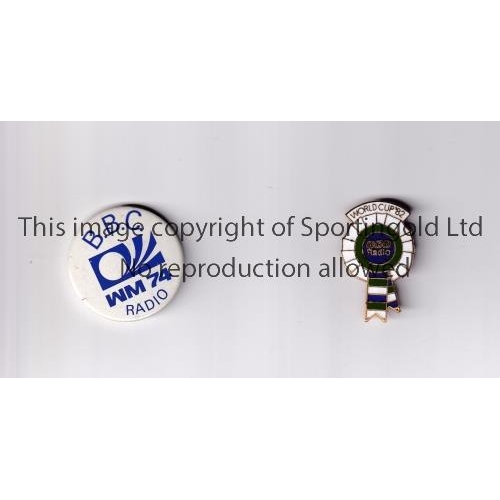BBC BADGES-WORLD CUPS Two BBC Radio pin badges, one metal and enamel ...