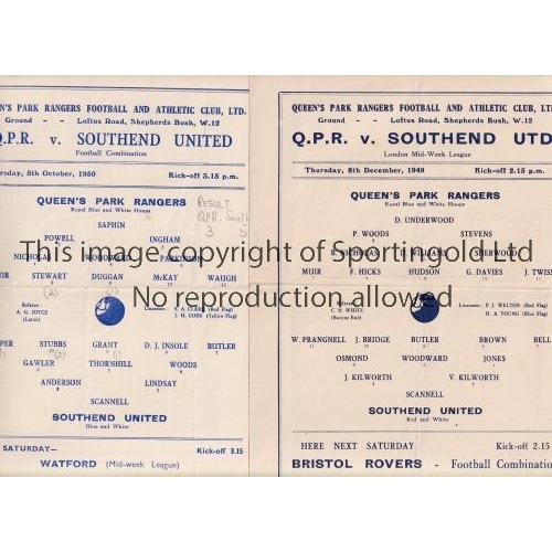 Q.P.R V SOUTHEND UNITED Two single sheet programmes for matches at ...