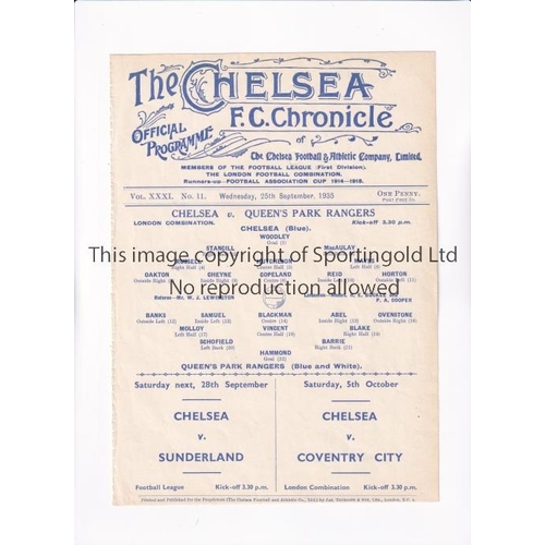 CHELSEA Single sheet programme for the home London Combination match v ...