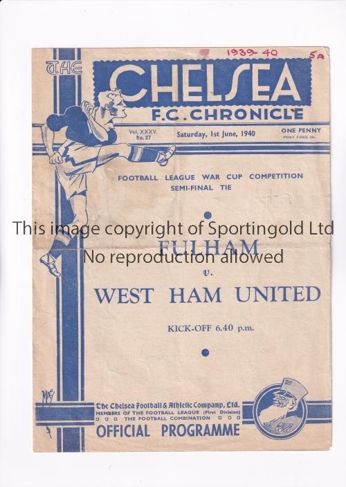 1940 FL WAR CUP SEMI-FINAL AT CHELSEA Programme for Fulham v West Ham ...