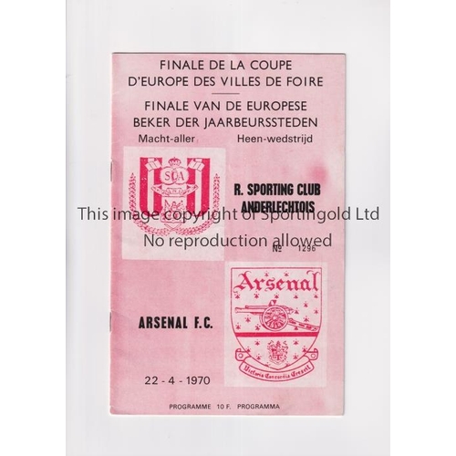 1970 FAIRS CUP FINAL / ANDERLECHT V ARSENAL Programme for the First Leg ...
