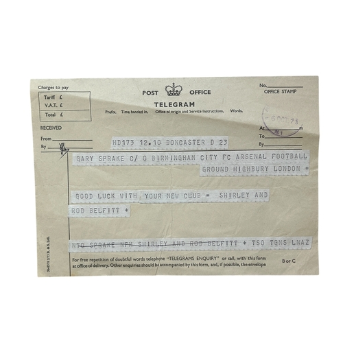 1973 TELEGRAM SENT TO GARY SPRAKE FROM ROD BELFITT AND WIFE ON SPRAKES ...