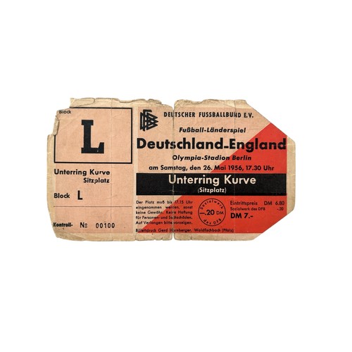 1956 GERMANY VERSUS ENGLAND FOOTBALL TICKET STUB, SIGNED IN PENCIL BY ...