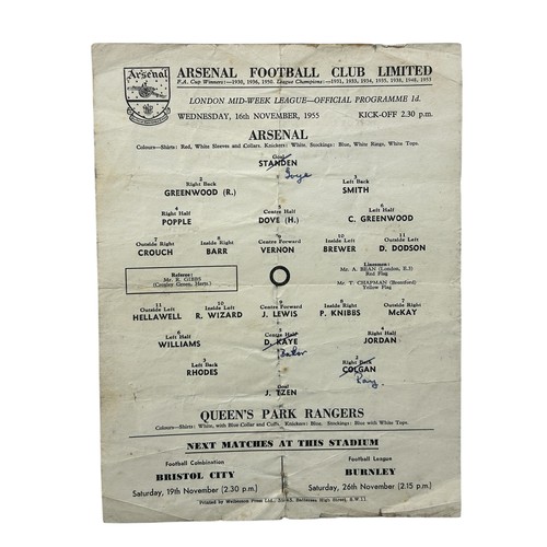 ARSENAL VERSUS QUEENS PARK RANGERS 1955/56 FOOTBALL PROGRAMME, 16/11 ...