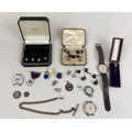 JEWELLERY, BADGES AND WATCHES TO INCLUDE 9CT GOLD PLATED CUFFLINKS ...