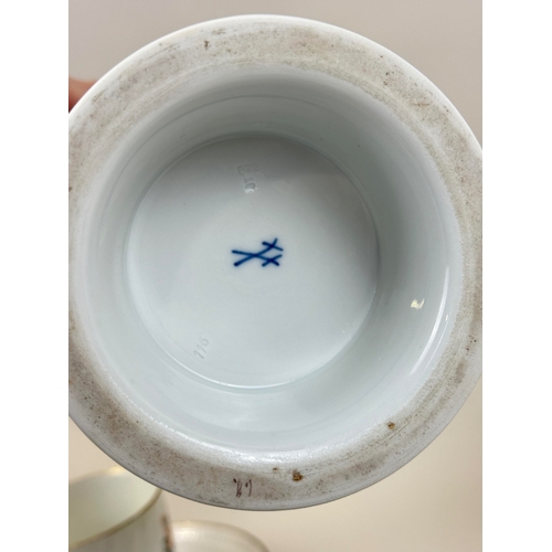 MEISSEN PORCELAIN TO INCLUDE VASS, TEA CUPS, SAUCER, DISH Largest 19cm H