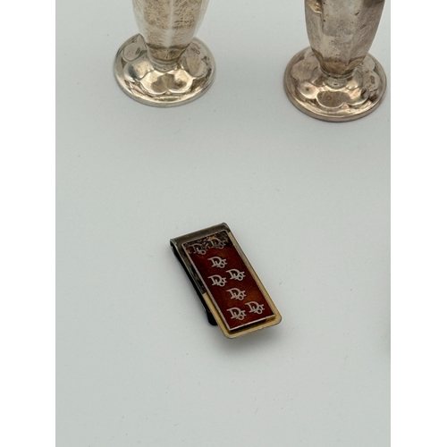 A PAIR OF SILVER PEPPER SHAKERS, A CHRISTIAN DIOR MONEY CLIP, GOLF CLIP ...