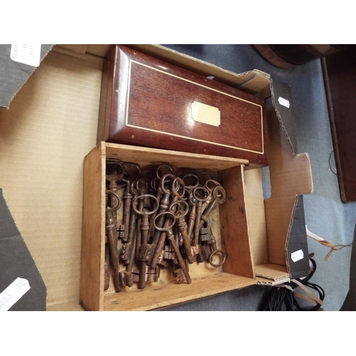 A mahogany cased Sykes hydrometer together with a box of Georgian iron keys