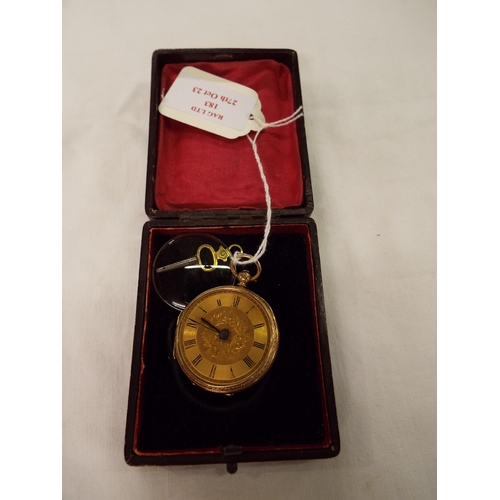 An 18ct gold ladies fob watch with engraved dial Roman numerals