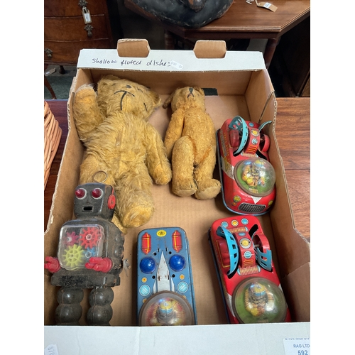 Four vintage tin plate friction toys for spares and repairs and two ...