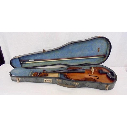 Violin, fiddle back with fake Stradivarius label to interior, 14" & bow ...