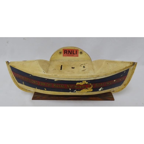 RNLI Metal Collection Box in the form of a lifeboat, on wooden base