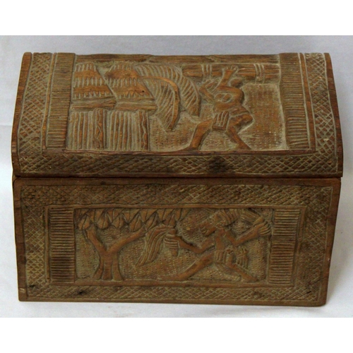 Carved African Box with domed lid, figures carrying wood to huts ...