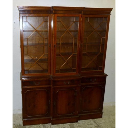 Yew Reproduction Break Front Library Bookcase, 3 door, plinth base, 3 ...