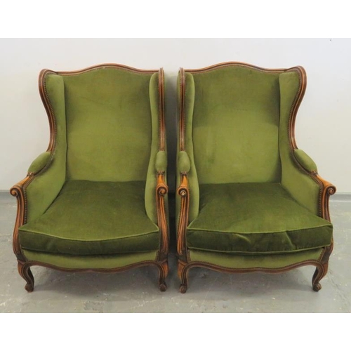 Pair Continental Style Show wood framed wing armchairs, squab seats ...