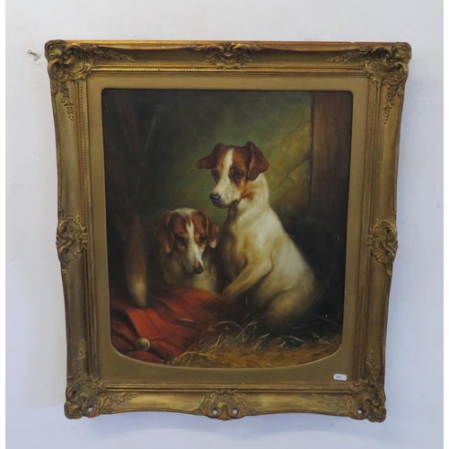 Modern Oil on Canvas, Jack Russel dogs, swept gilt frame with gilt slip ...