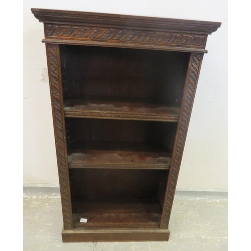 Oak Bookcase with peg shelves, carved frieze approx. 56cm W x 26cm D x ...