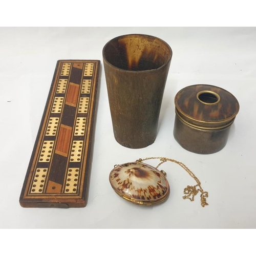 Horn Cup, shell purse, silver plated pin box & inlaid cribbage board
