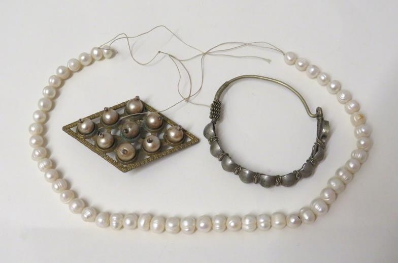 Misshapen Natural Pearls, nickel bracelet, diamond shaped brooch etc.