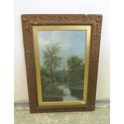 M/f/g Oil on Board River Scene with small boat, church steeple to the ...