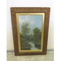 M/f/g Oil on Board River Scene with small boat, church steeple to the ...
