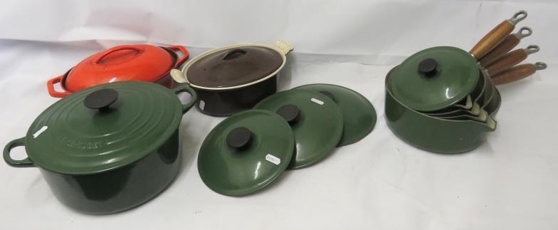 Green Le Creuset set of 4 graduated saucepans with lids & enamelled ...