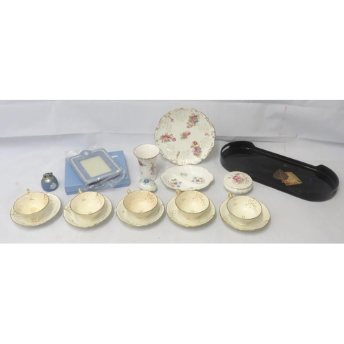 Gilt & Cream Decorated Cups, saucers, lacquered trays, rosebud ...