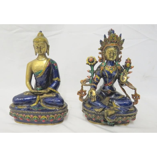 2 Seated Brass & Enamelled Buddha's on lotus thrones approx. 21cm H ...
