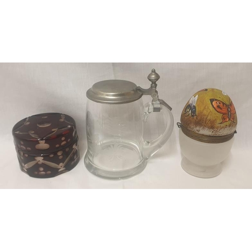 Etched Glass Tankard with pewter cover depicting a stag, egg shaped ...