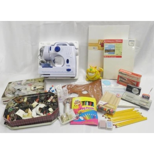Buttons, canvases, money box, EGL sewing machine, Lumix camera & Parker ...
