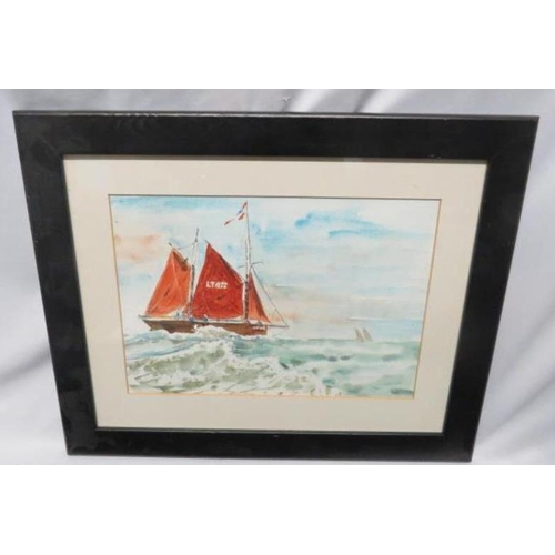 F/g Watercolour 'Out of Lowestoft' Excelsior LT472 fishing smack at sea ...