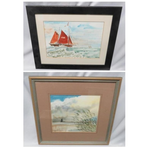 F/g Watercolour 'Out of Lowestoft' Excelsior LT472 fishing smack at sea ...