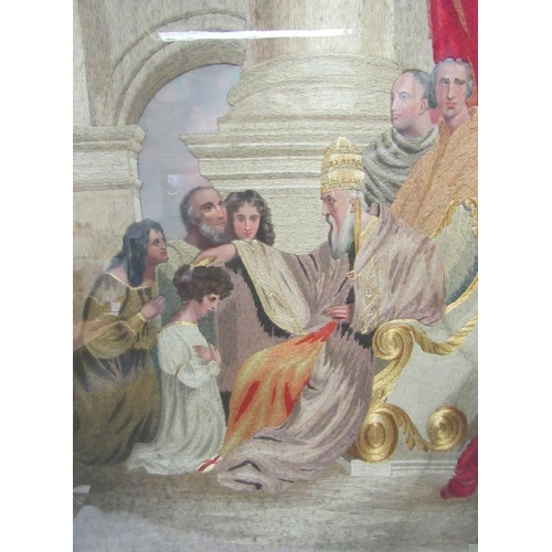 F/g Thread Painting Religious Scene with Pope blessing child, faces ...