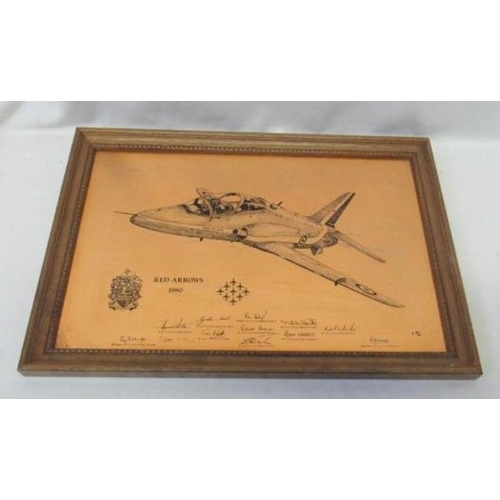 Framed Copper Etching 'Red Arrows 1980' with signatures of crew members ...