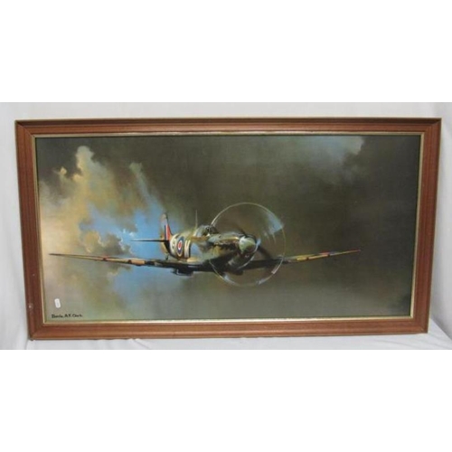 Large F/g Print Spitfire by Barrie AF Clark, 58cm x 109cm (STAIR)