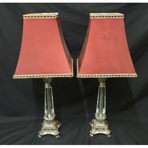 Pair of Clear Glass Centred Silver Coloured Table Lamps with burgundy ...