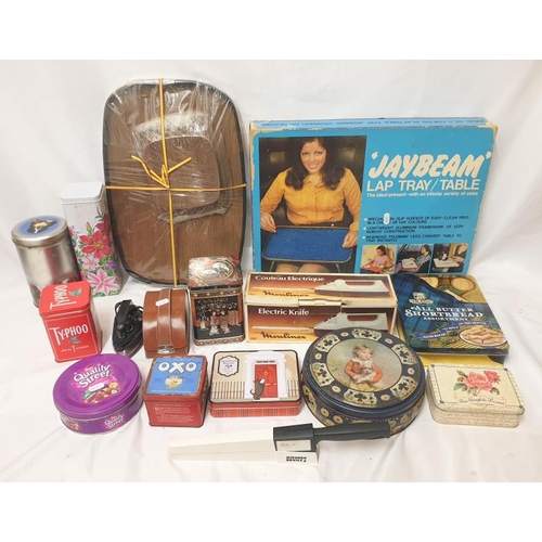 Retro Jaybeam Lap tray/table, kitchen devil knife, Oxo/Typhoo etc. tins ...