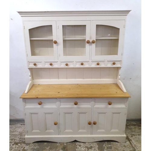 White Painted Pine Dresser, top section with 3 glazed doors, 6 drawers ...