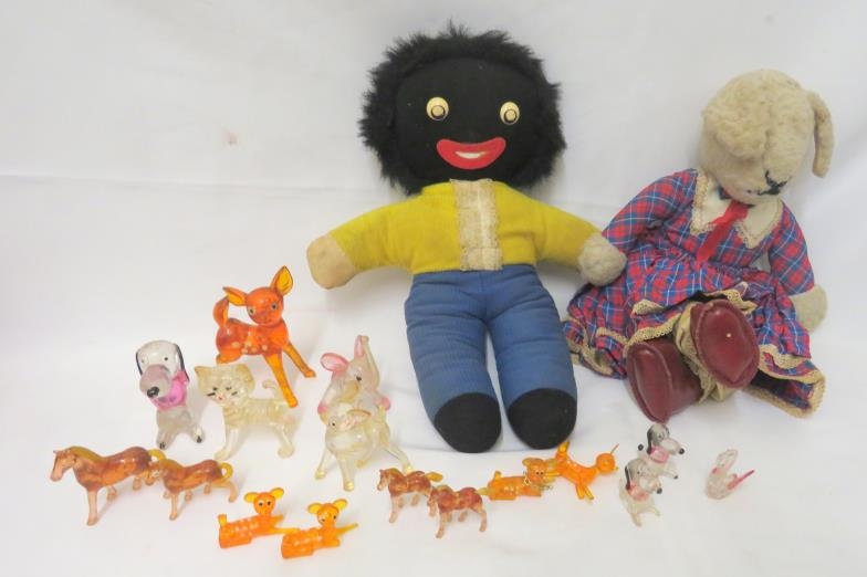 Golly Doll, rabbit & vintage plastic animals (1 Box)