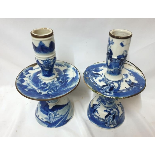 Pair of Blue & White Oriental Chinese Candlesticks in 2 parts with ...