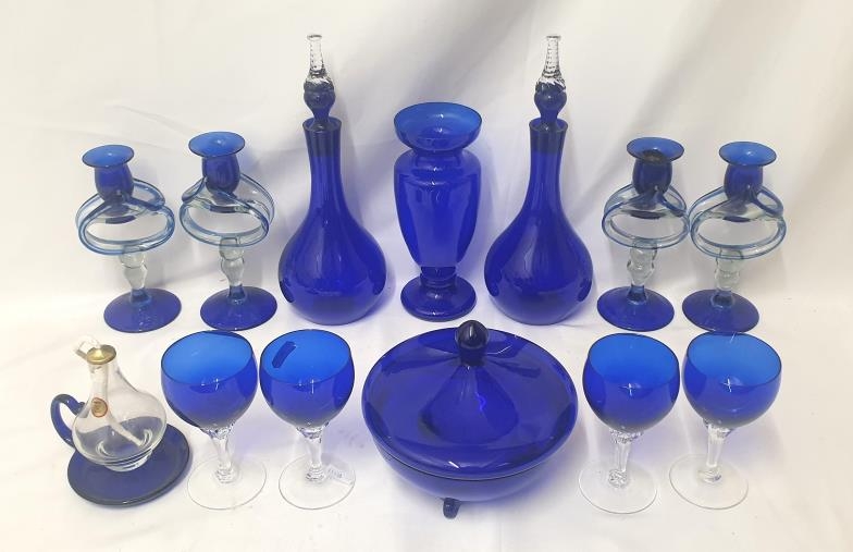 Bristol Blue Coloured Glass Wine Glasses, candle holders, covered dish ...